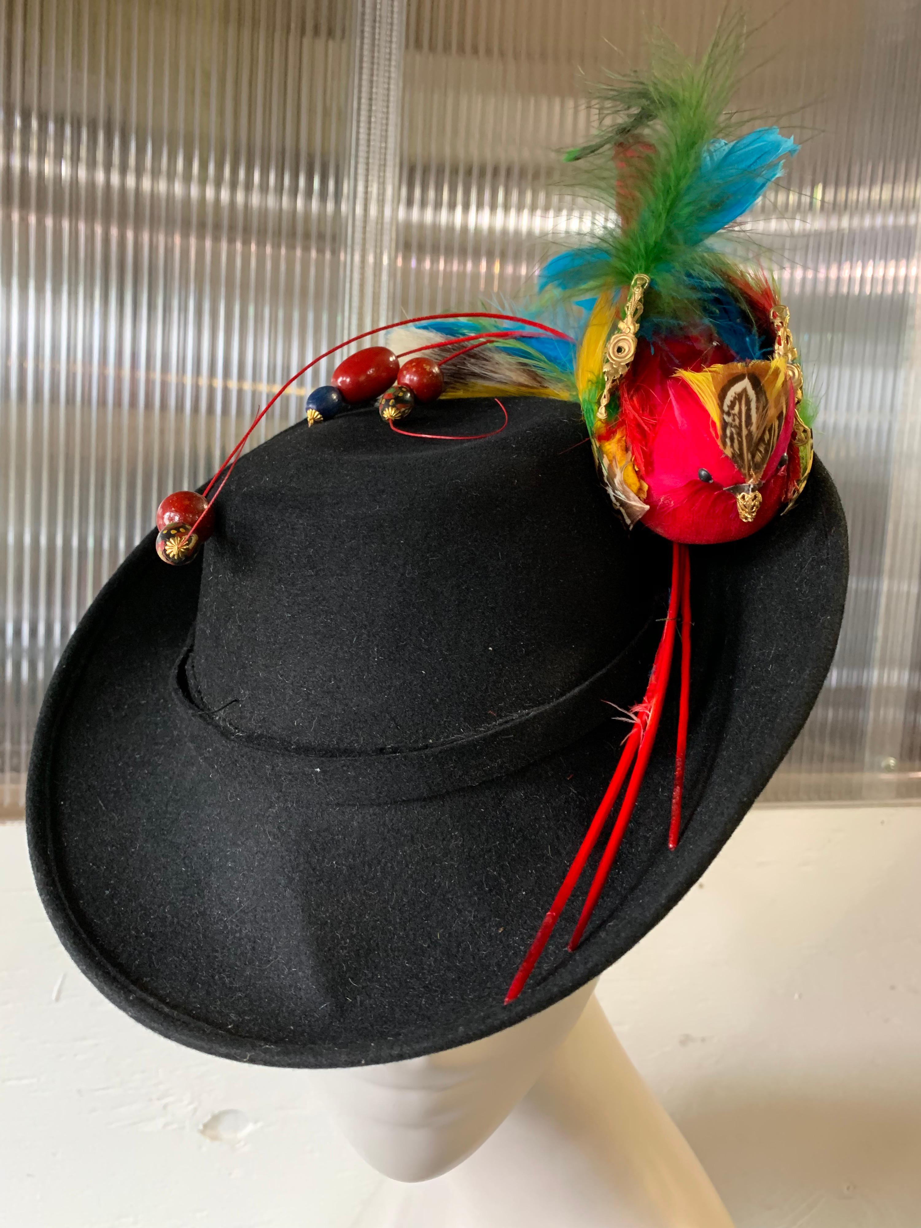 1940s Black Wool Felt Robin Hood Style Hat W/ Extravagant Feather Bird ...