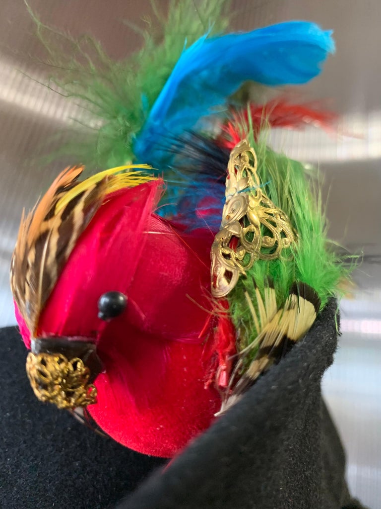 1940s Black Wool Felt Robin Hood Style Hat W/ Extravagant Feather Bird ...