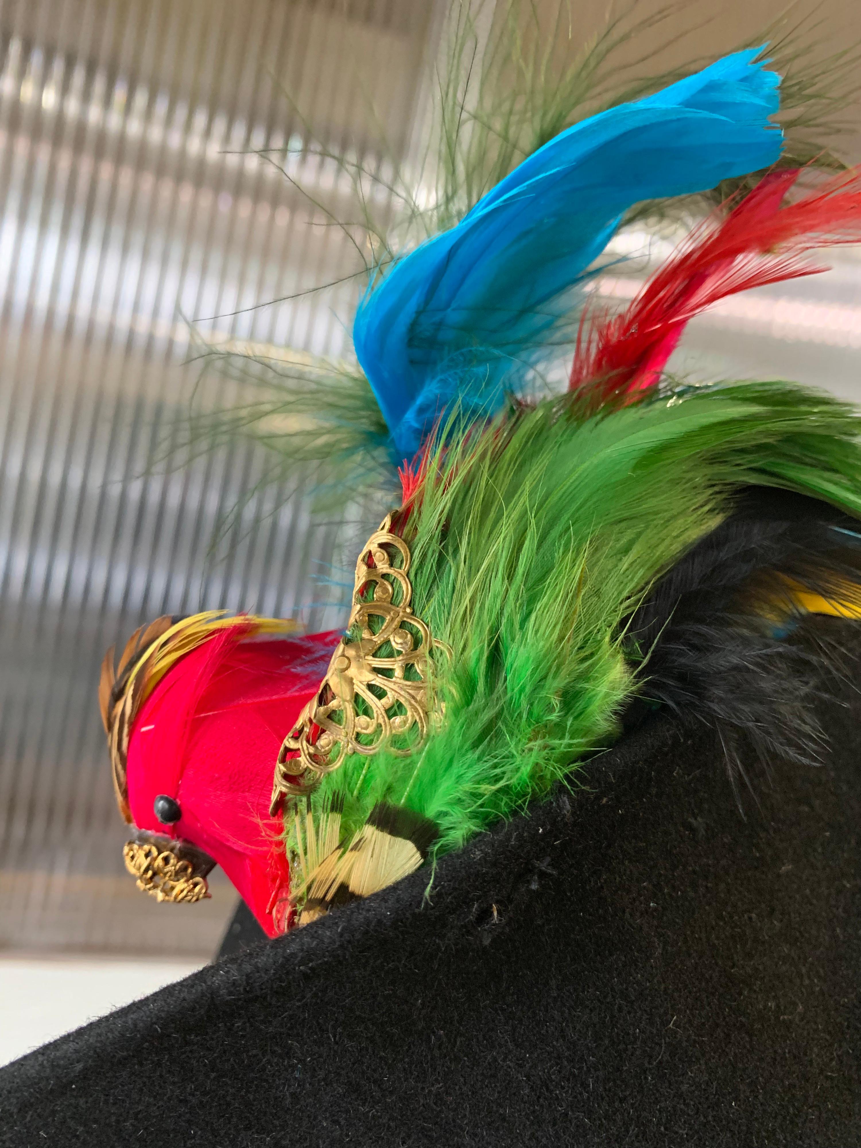1940s Black Wool Felt Robin Hood Style Hat W/ Extravagant Feather Bird ...