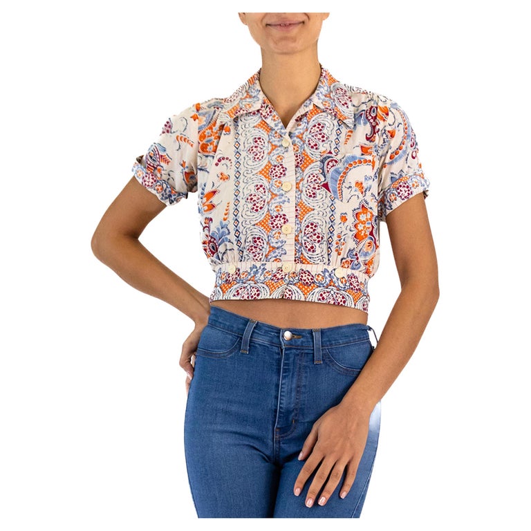 1940S Blue and Orange Cotton Beatik Made In Hawaii Top For Sale at 1stDibs