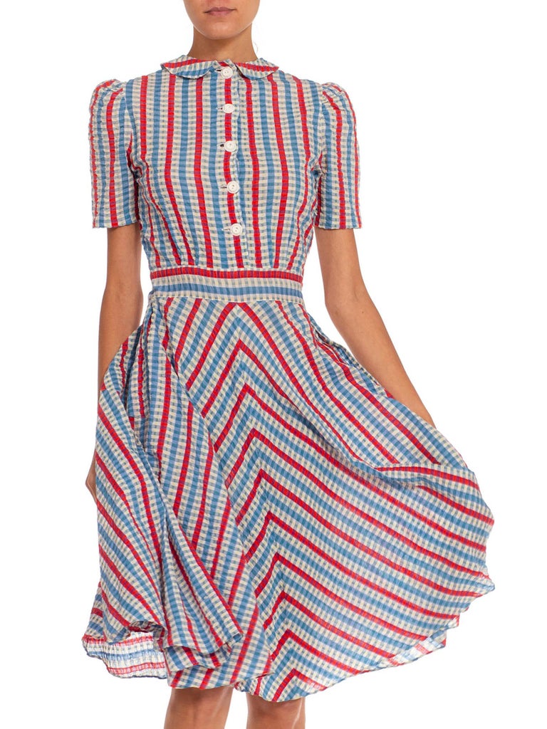 1940S Blue and Red Plaid Cotton Seersucker Peter Pan Collar Dress at ...