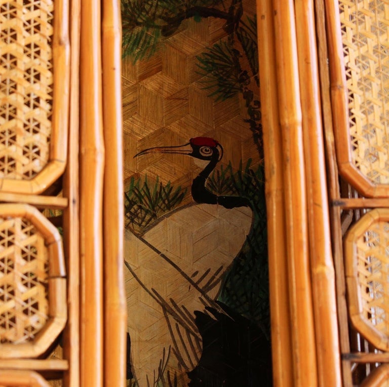 1940s Chinese Rattan Screen with Animal and Floral Paintings at 1stDibs