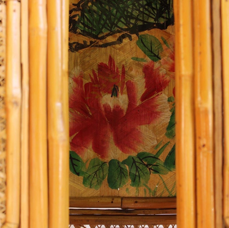 1940s Chinese Rattan Screen with Animal and Floral Paintings at 1stDibs