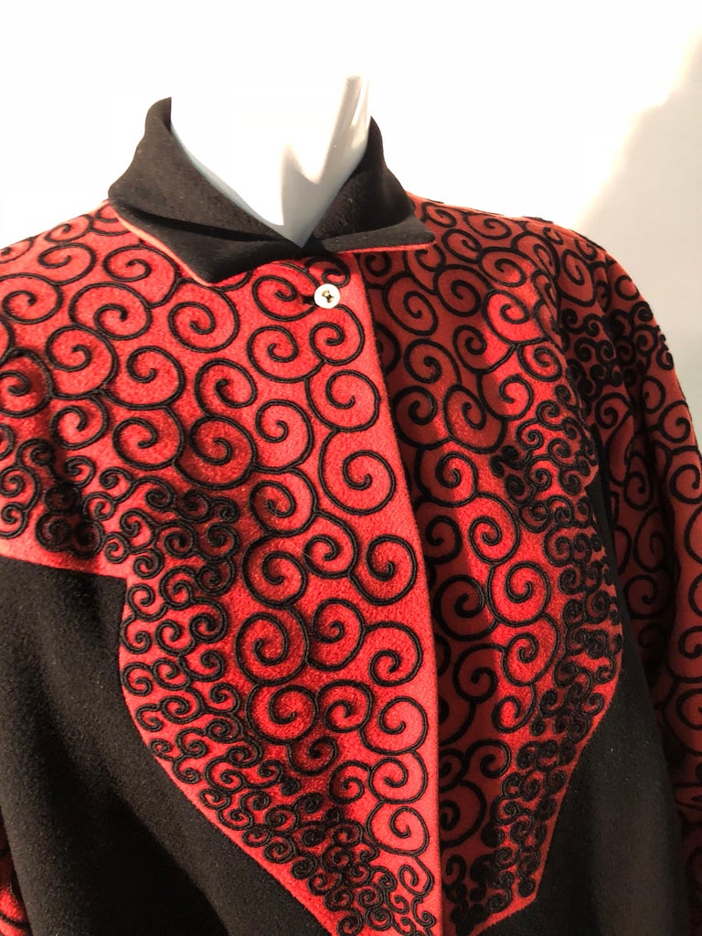 1940s Cordé-Embroidered Black and Red Stroller Coat W/ Deep Cuffs and ...