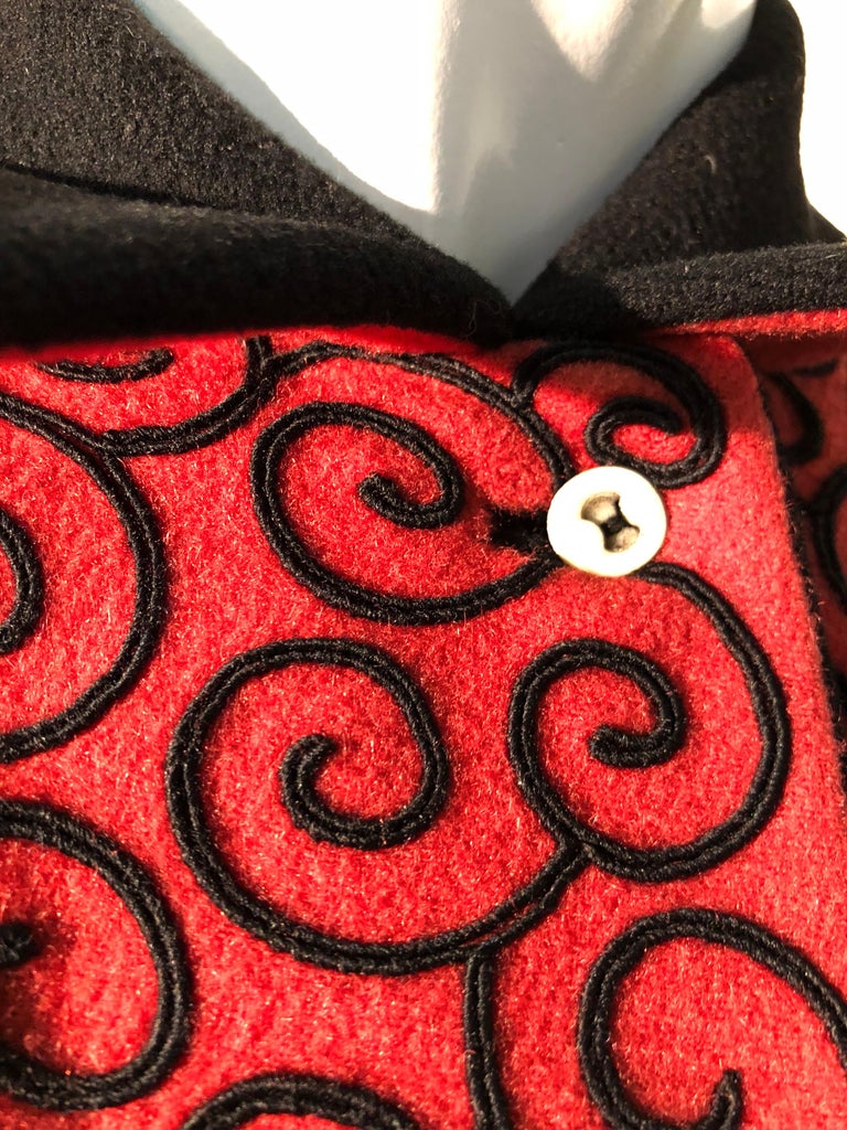 1940s Cordé-Embroidered Black and Red Stroller Coat W/ Deep Cuffs and ...