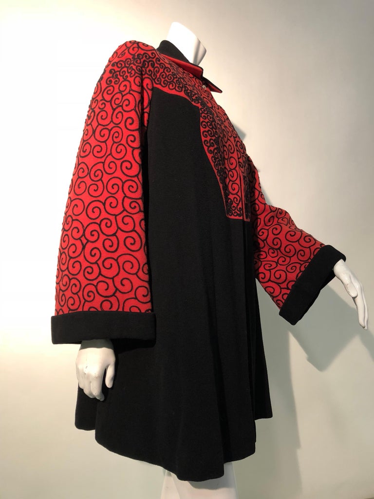 1940s Cordé-Embroidered Black and Red Stroller Coat W/ Deep Cuffs and ...