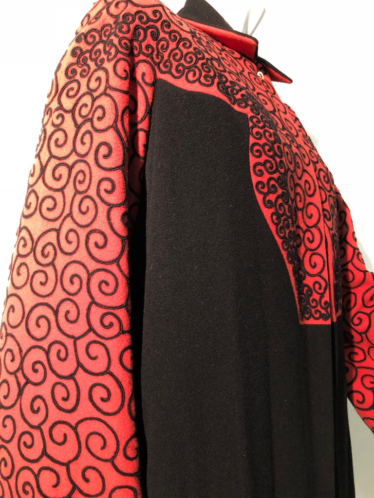 1940s Cordé-Embroidered Black and Red Stroller Coat W/ Deep Cuffs and ...