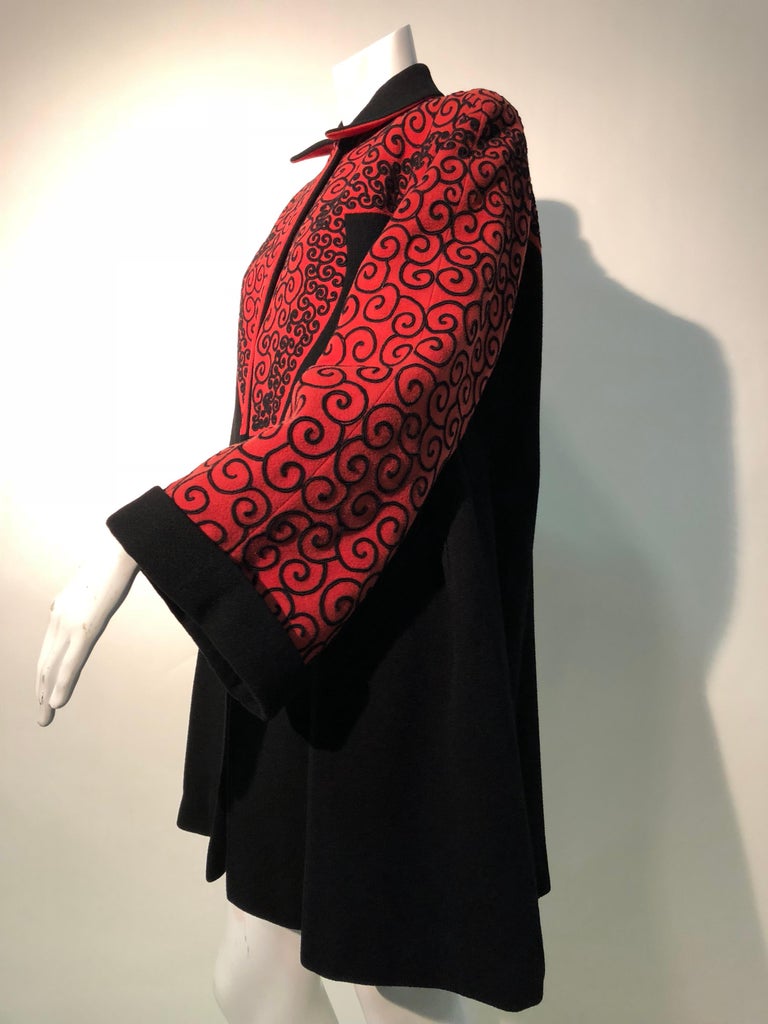 1940s Cordé-Embroidered Black and Red Stroller Coat W/ Deep Cuffs and ...