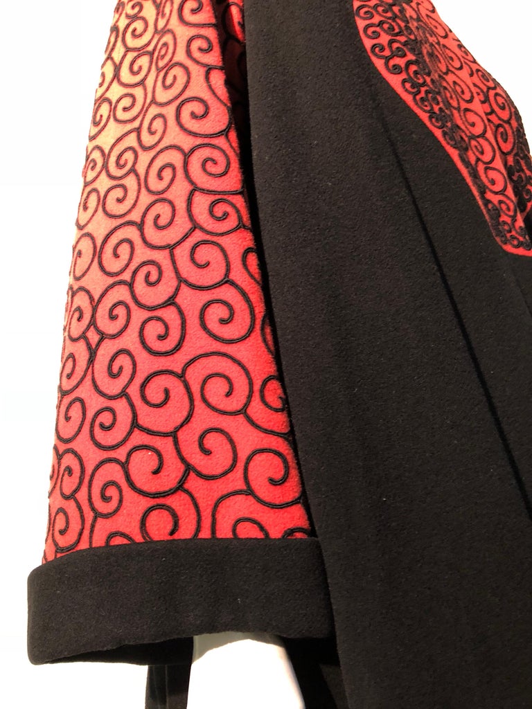 1940s Cordé-Embroidered Black and Red Stroller Coat W/ Deep Cuffs and ...