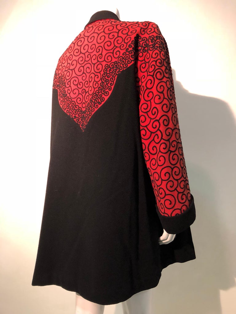 1940s Cordé-Embroidered Black and Red Stroller Coat W/ Deep Cuffs and ...