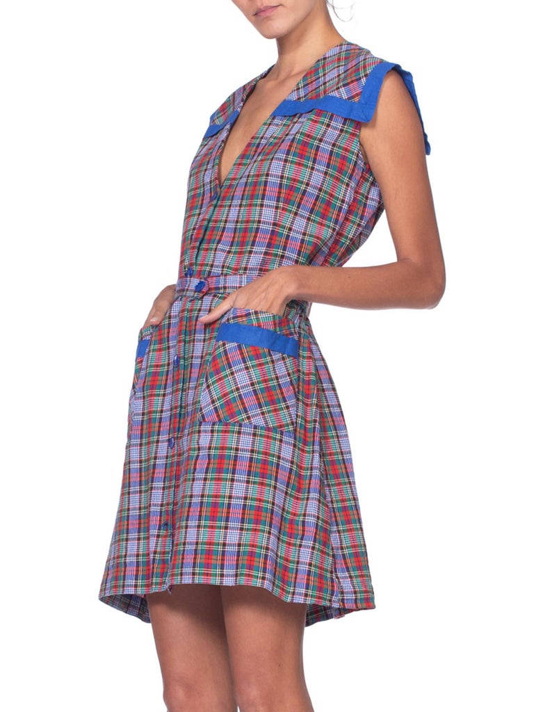 1940'S Blue, Red and Green Plaid Cotton Sailor Collar Shirt Dress For ...