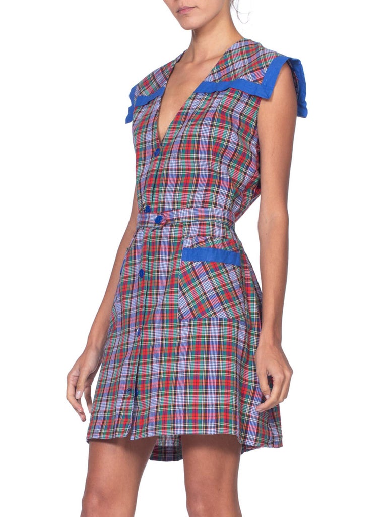1940'S Blue, Red and Green Plaid Cotton Sailor Collar Shirt Dress For ...