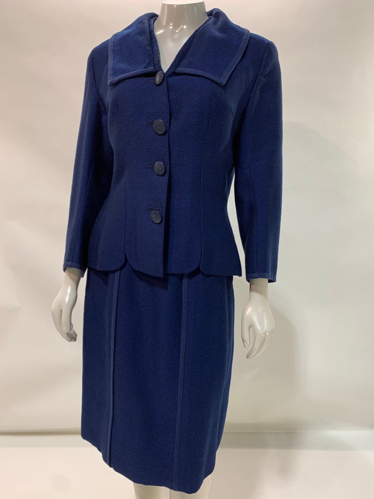 1940s Creed of London Finely Tailored Couture Royal Blue Skirt Suit w ...