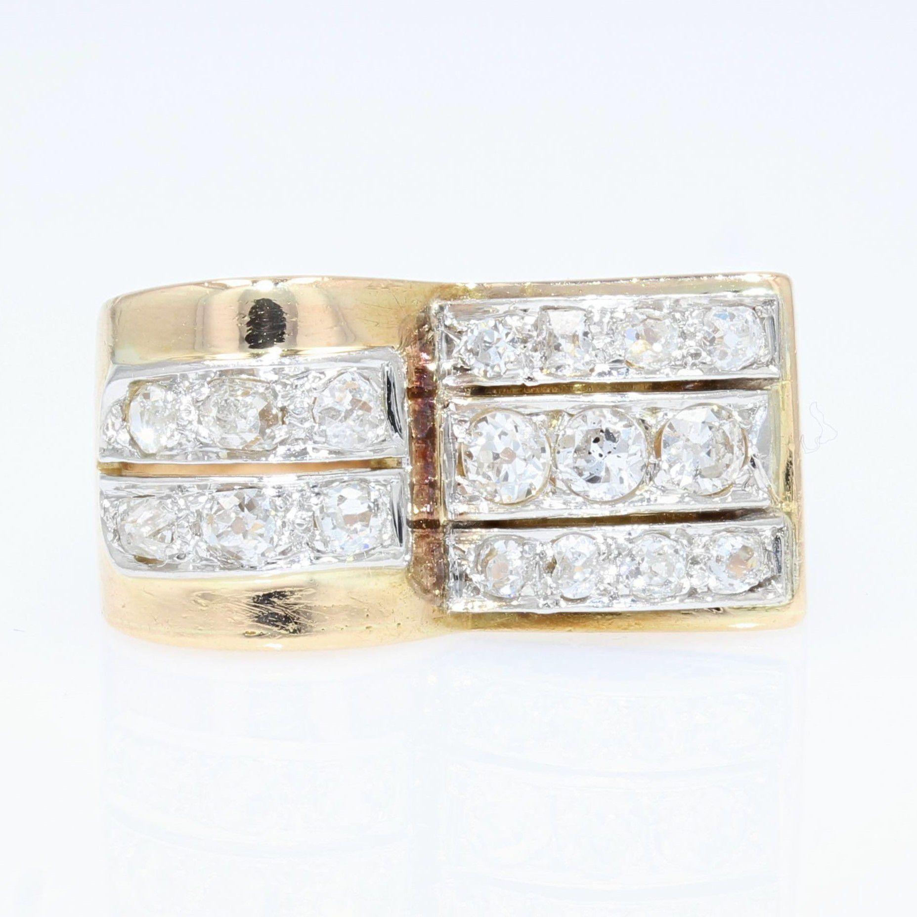 1940s Diamonds 18 Karat Yellow Gold Platinum Asymmetrical Tank Ring For ...