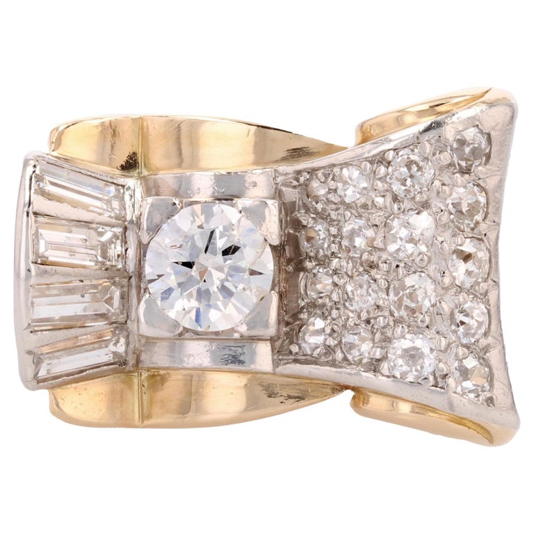 1940s Diamonds 18 Karat Yellow Gold Platinum Asymetrical Tank Ring For ...
