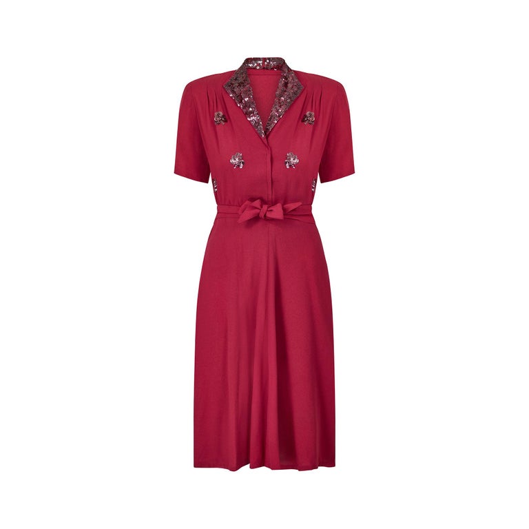 1940s Du Barry Raspberry Sequin Shirtwaister Dress For Sale at 1stDibs
