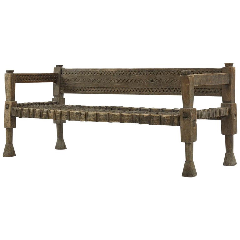 1940s Ethiopian Bench with Woven Leather Seat at 1stDibs