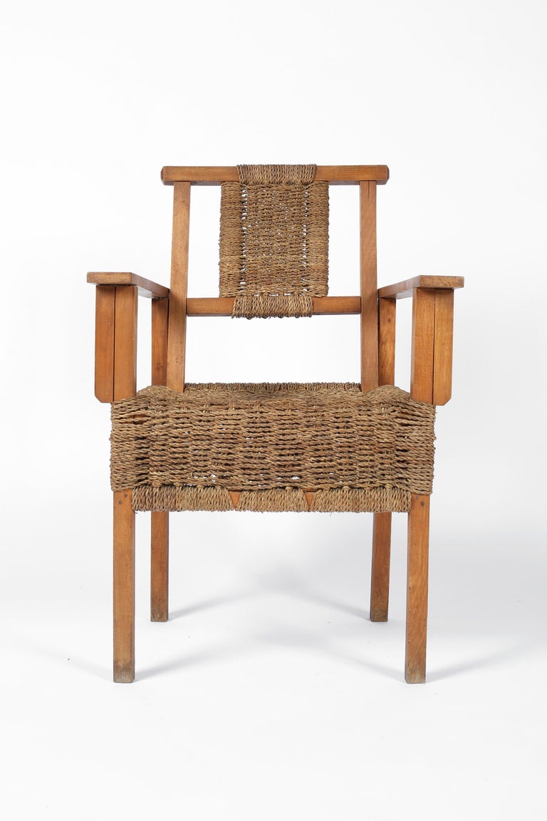 1940s French Modernist Beech And Woven Seagrass Armchair For Sale At 1stdibs