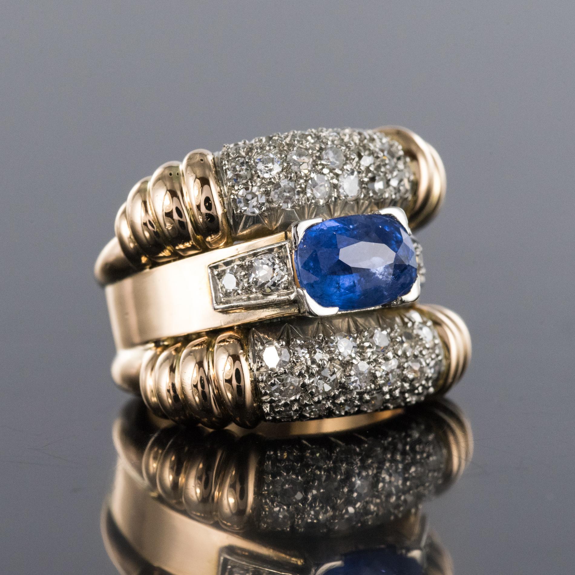 1940s French Sapphire Diamonds Gadroon Tank Ring For Sale at 1stDibs