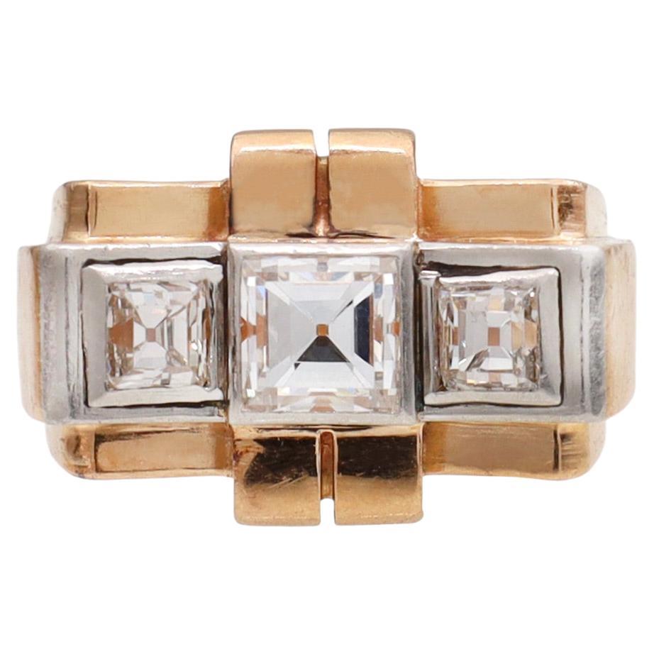 French 1940s Retro Diamond Platinum Gold Geometric Tank Ring For Sale ...