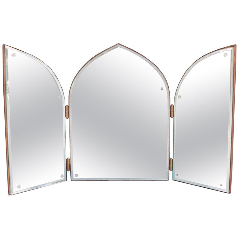 1940s French Triptych Folding Vanity Mirror with Beveled Detail at 1stDibs