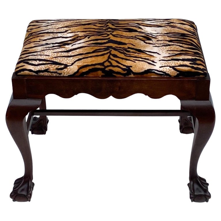 1940s Georgian Style Mahogany Ball and Claw Bench / Ottoman in Tiger ...