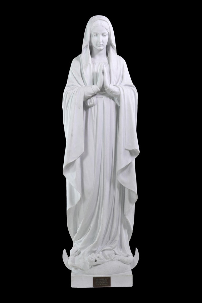 1940s Hand-Carved Marble Statue of Mary w/ Serpent and Fruit Underfoot ...