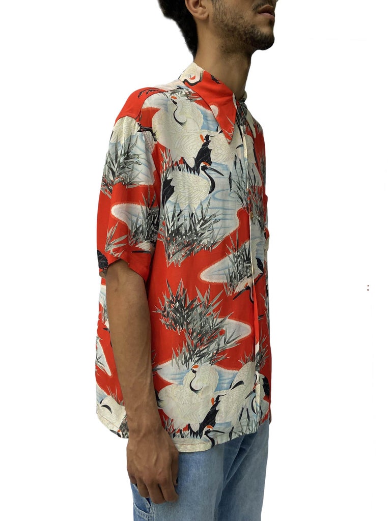 1940S Kramers Red Light Weight Rayon Hawaiian Shirt For Sale at 1stDibs