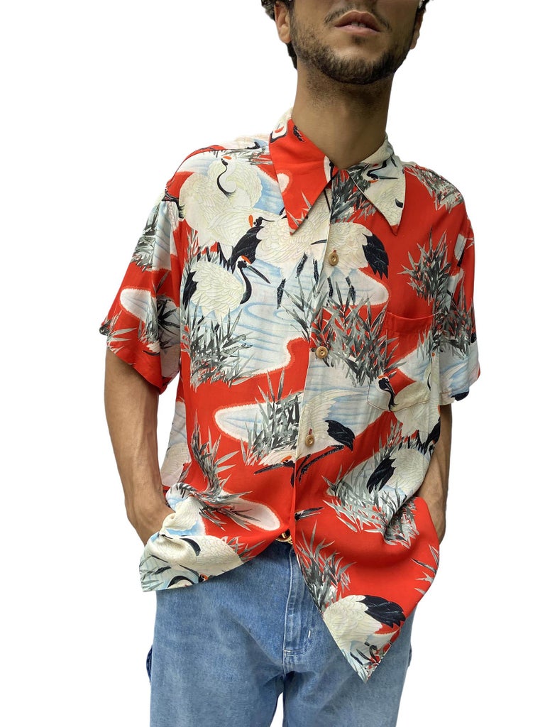 1940S Kramers Red Light Weight Rayon Hawaiian Shirt For Sale at 1stDibs