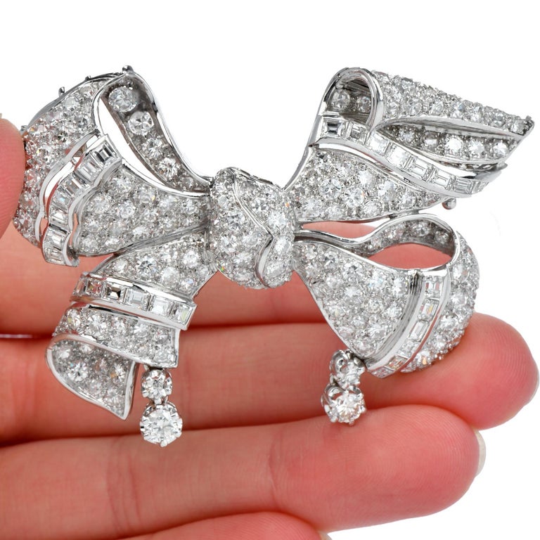 1940s Large Diamond Platinum Bow Brooch Pin Pendant For Sale at 1stDibs