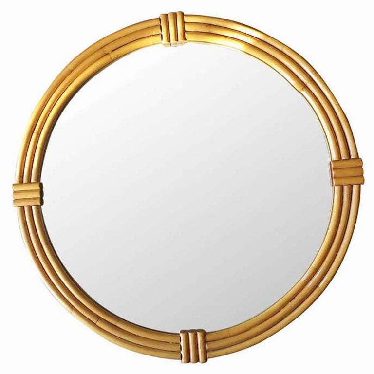 1940s Large Three-Strand Round Rattan Mirror For Sale at 1stDibs