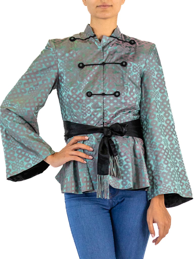 1940S Mixed Blues Silk Jacquard Asian Jacket With Black Belt and Trim ...