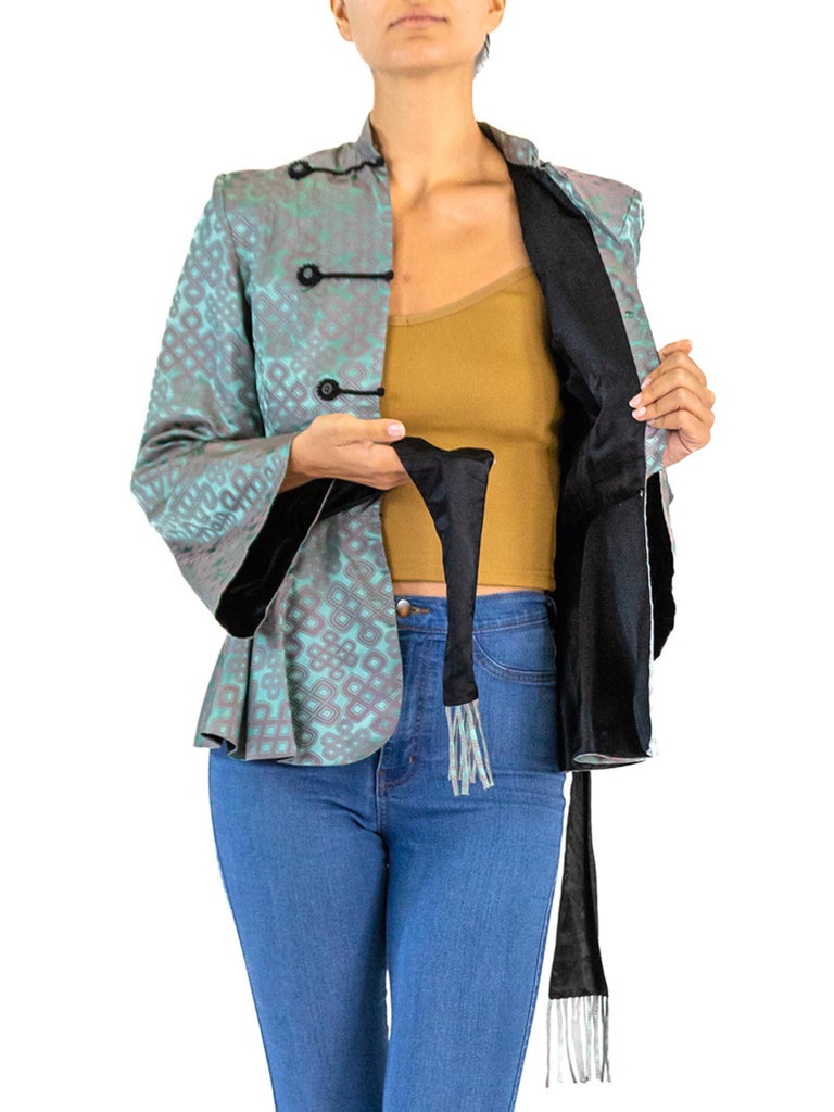 1940S Mixed Blues Silk Jacquard Asian Jacket With Black Belt and Trim ...