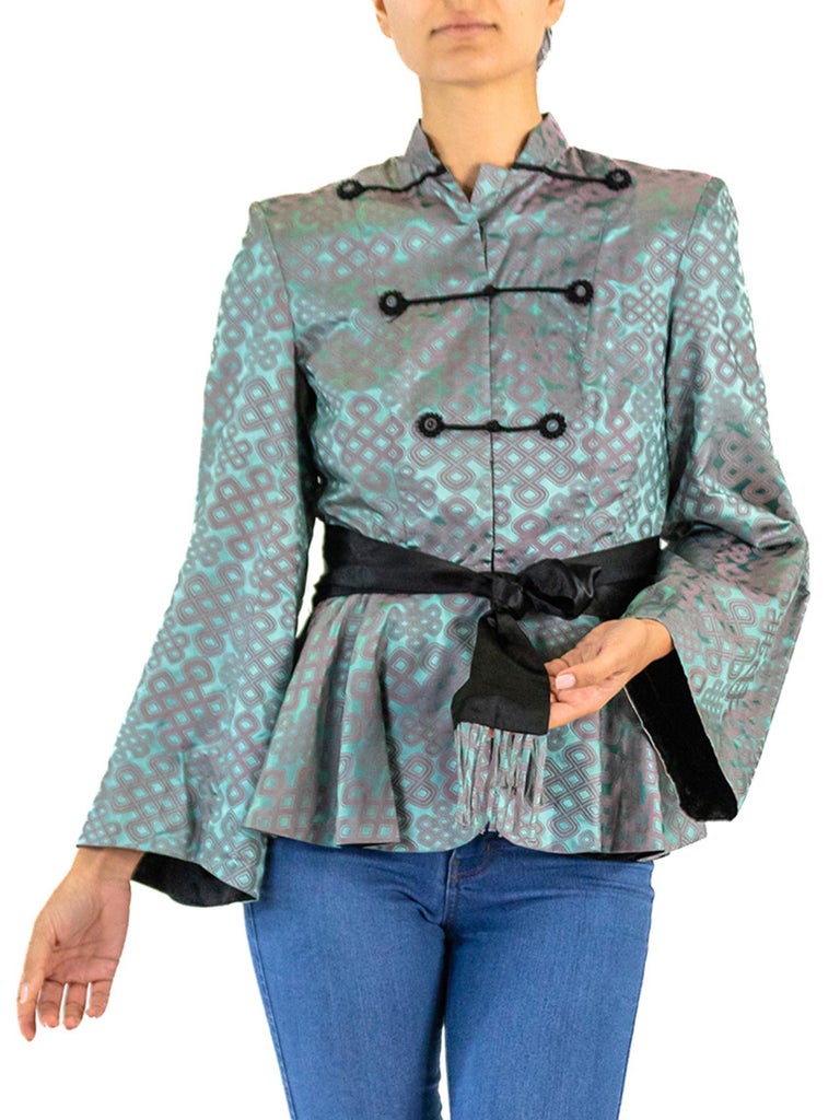 1940S Mixed Blues Silk Jacquard Asian Jacket With Black Belt and Trim ...
