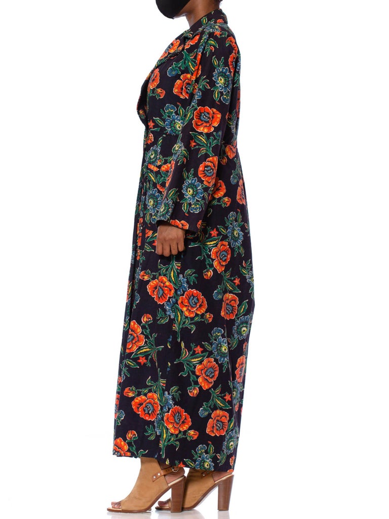 1940S Navy Blue Cotton Flannel Orange and Floral Duster Robe For Sale ...