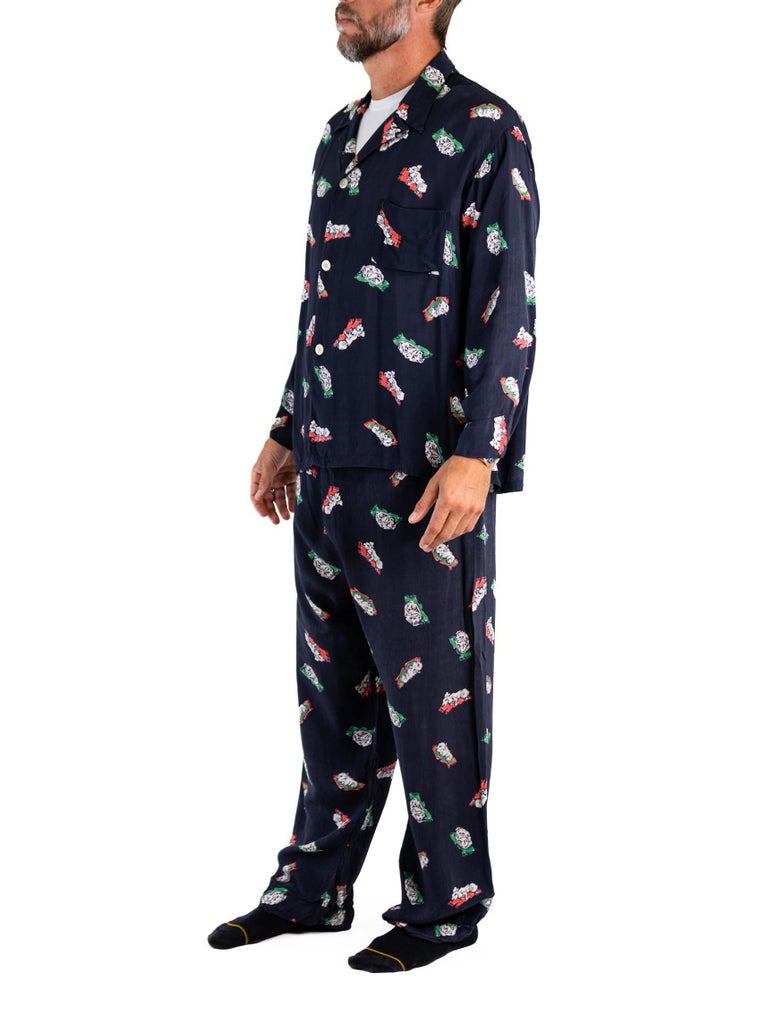 1940S Navy Cold Rayon Let Sleeping Dogs Lie Novelty Print Mens Pajamas ...