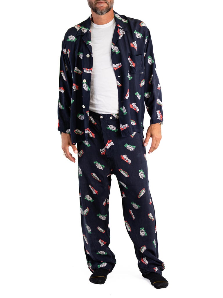 1940S Navy Cold Rayon Let Sleeping Dogs Lie Novelty Print Mens Pajamas ...