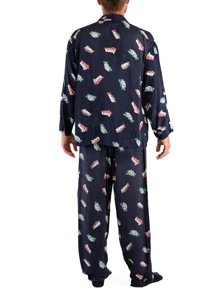 1940S Navy Cold Rayon Let Sleeping Dogs Lie Novelty Print Mens Pajamas ...
