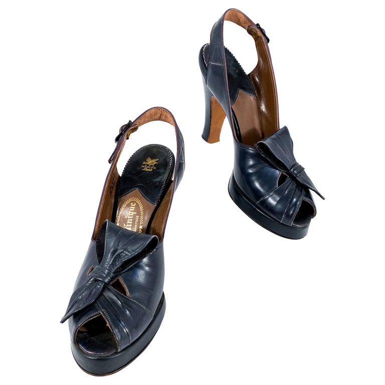 1940s Navy Leather Sling-Back Platform Heels For Sale at 1stDibs | navy ...