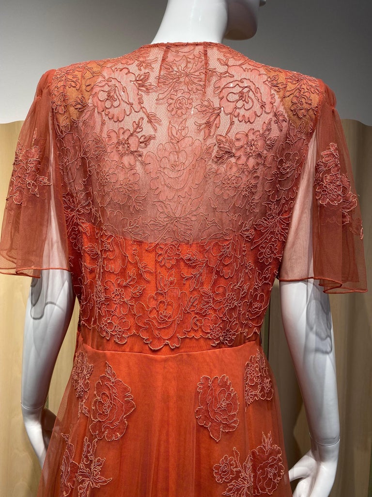 1940s Orange Tangerine Lace Cocktail Dress For Sale at 1stDibs