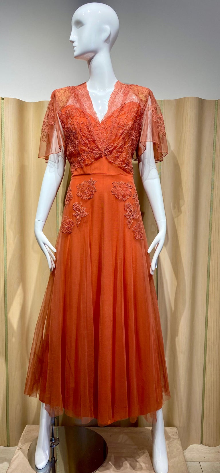 1940s Orange Tangerine Lace Cocktail Dress For Sale at 1stDibs