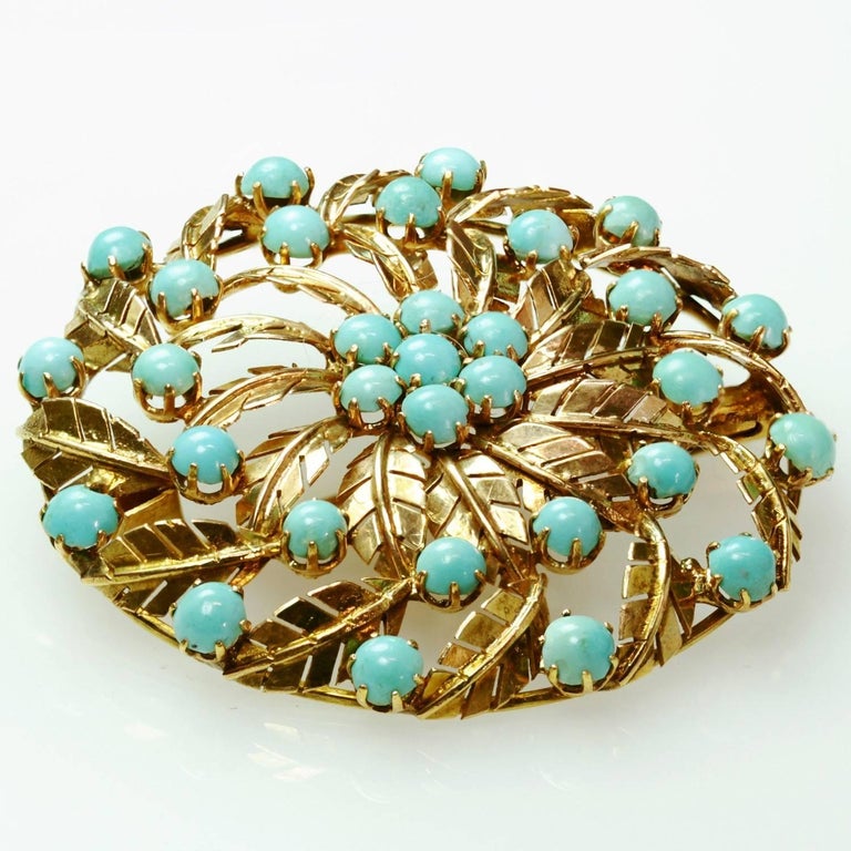1940s Persian Turquoise Yellow Gold Round Leaf Brooch at 1stDibs