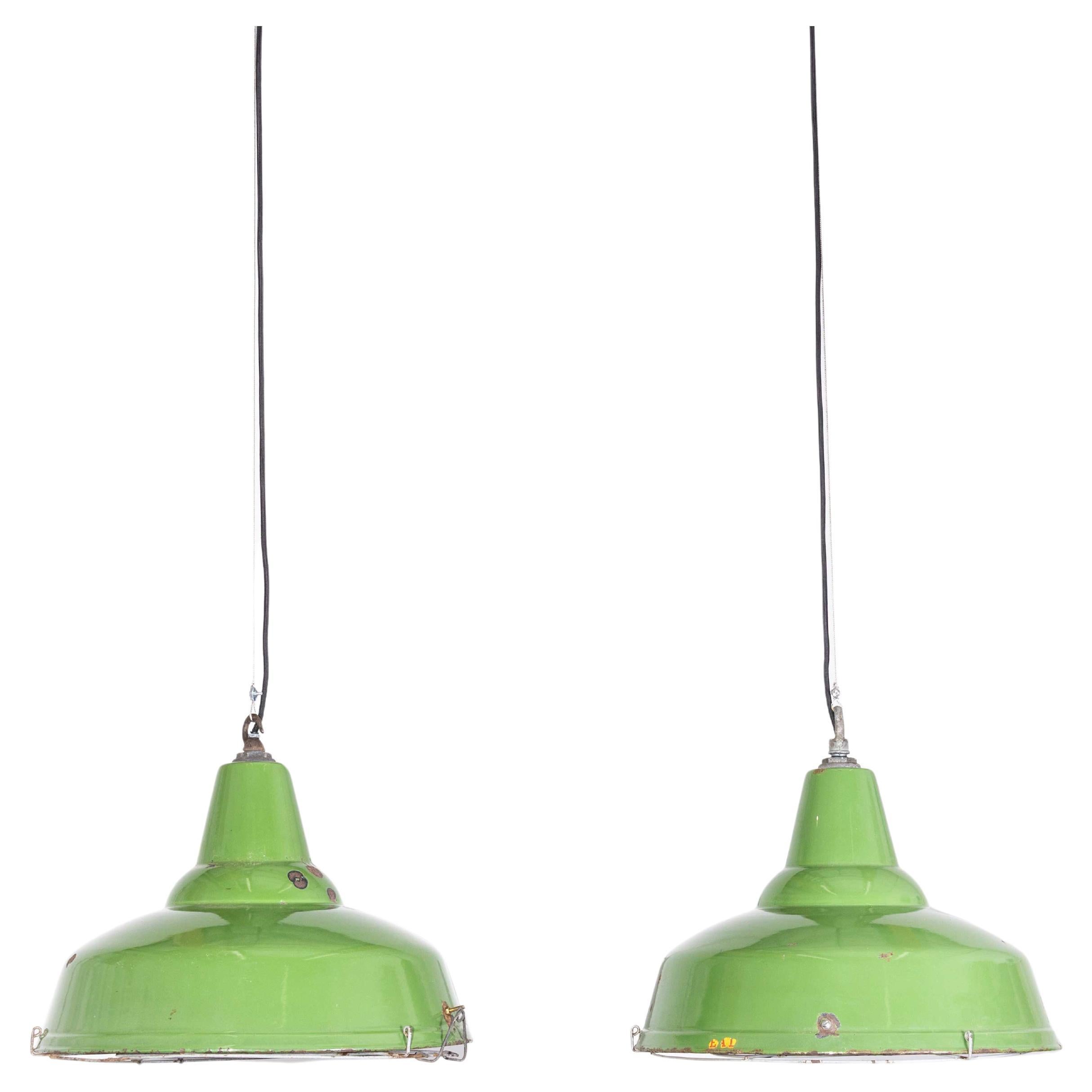 1940's Real Industrial Enamel Green Single Pendant Lamp - 16 Inch Caged ...