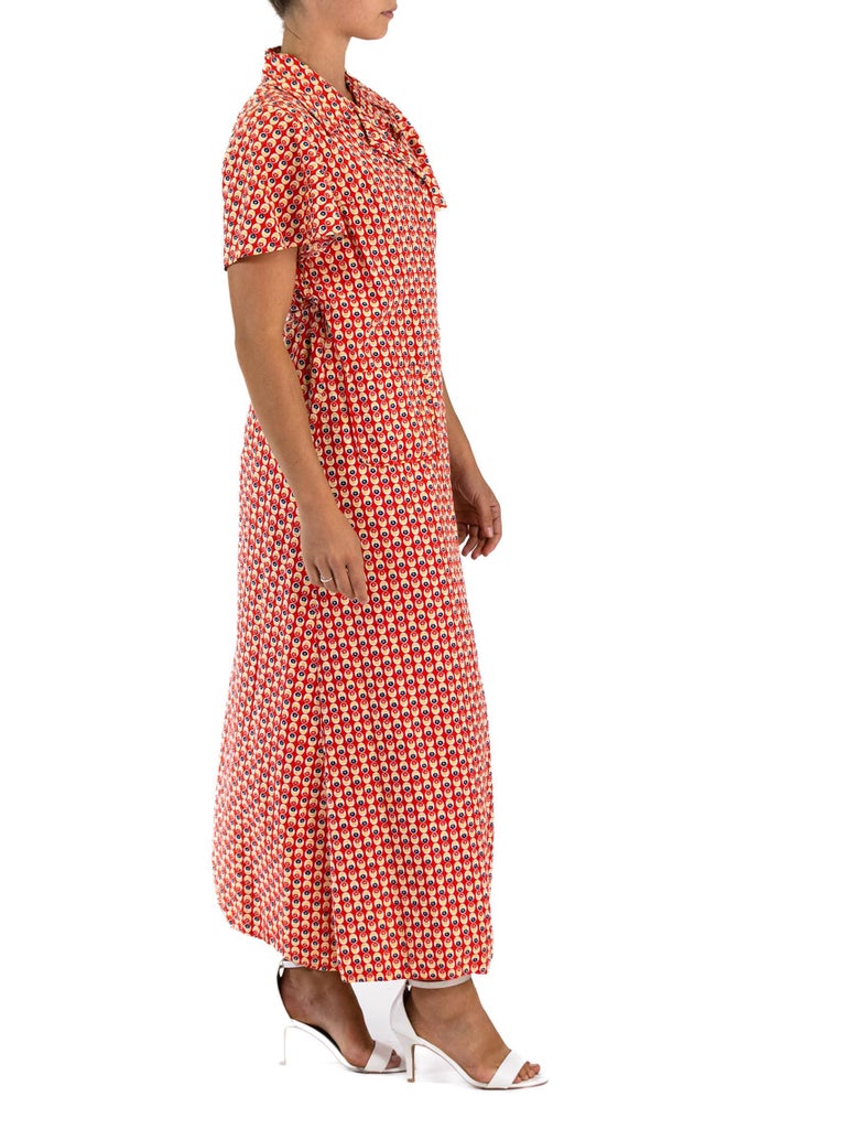 1940S Red Cotton Yellow Dot Print Wrap House Dress For Sale at 1stDibs