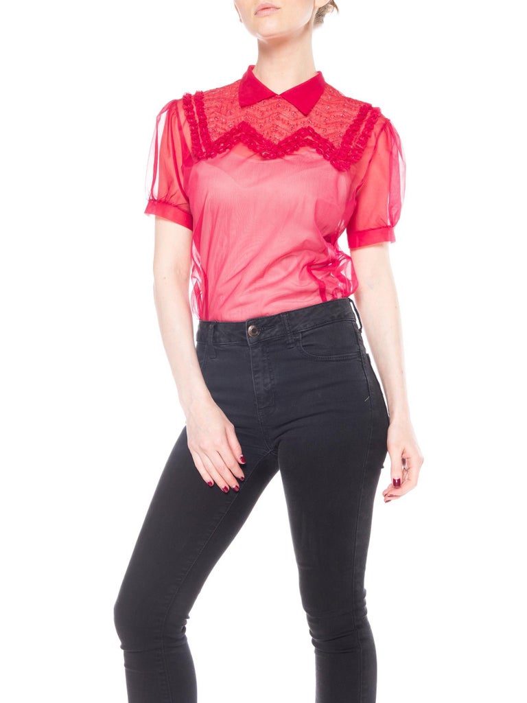 1950S Red Sheer Nylon Short Sleeve Ruffled Top at 1stDibs