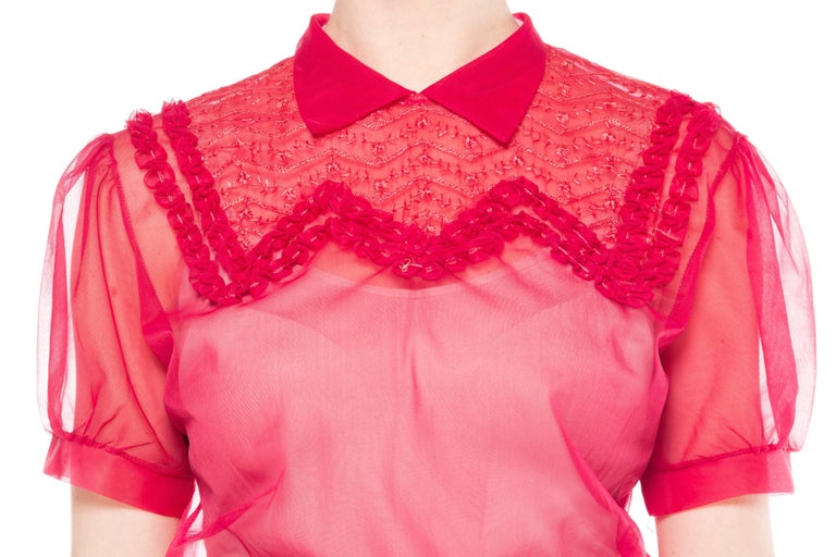 1950S Red Sheer Nylon Short Sleeve Ruffled Top at 1stDibs