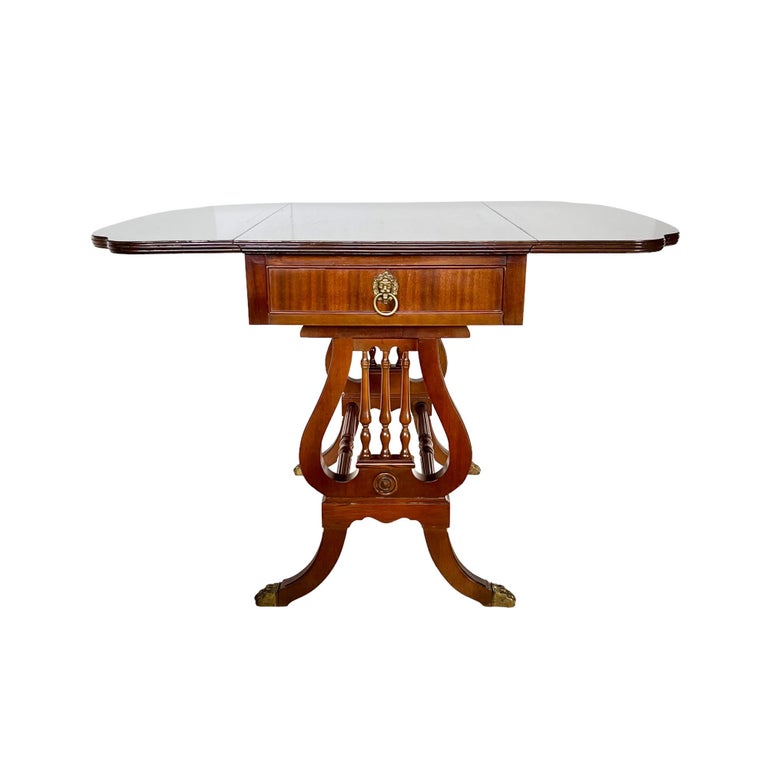 1940s Regency Mahogany Drop-Leaf Lyre Table For Sale at 1stDibs