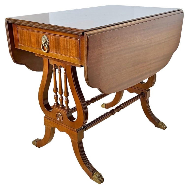 1940s Regency Mahogany Drop-Leaf Lyre Table For Sale at 1stDibs