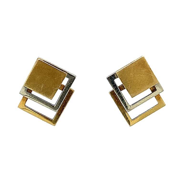 1940s Retro Geometric Shape Earrings, 14 Karat Yellow and White Gold ...