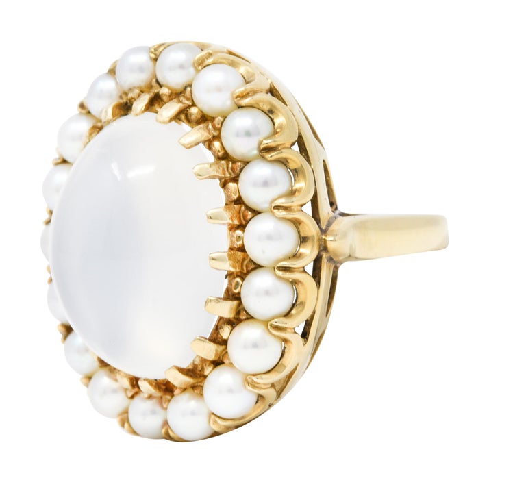 1940er Jahre Retro Mondstein Perle 14 Karat Gold Cluster Cabochon Ring ...